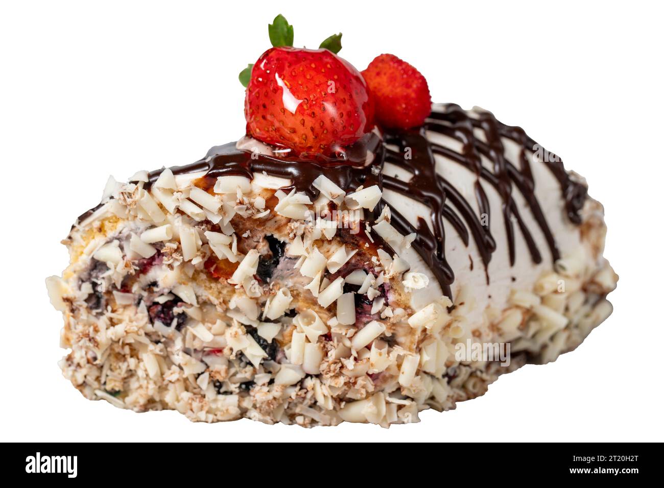 Strawberry log cake. Strawberries and cream cake on a white background ...