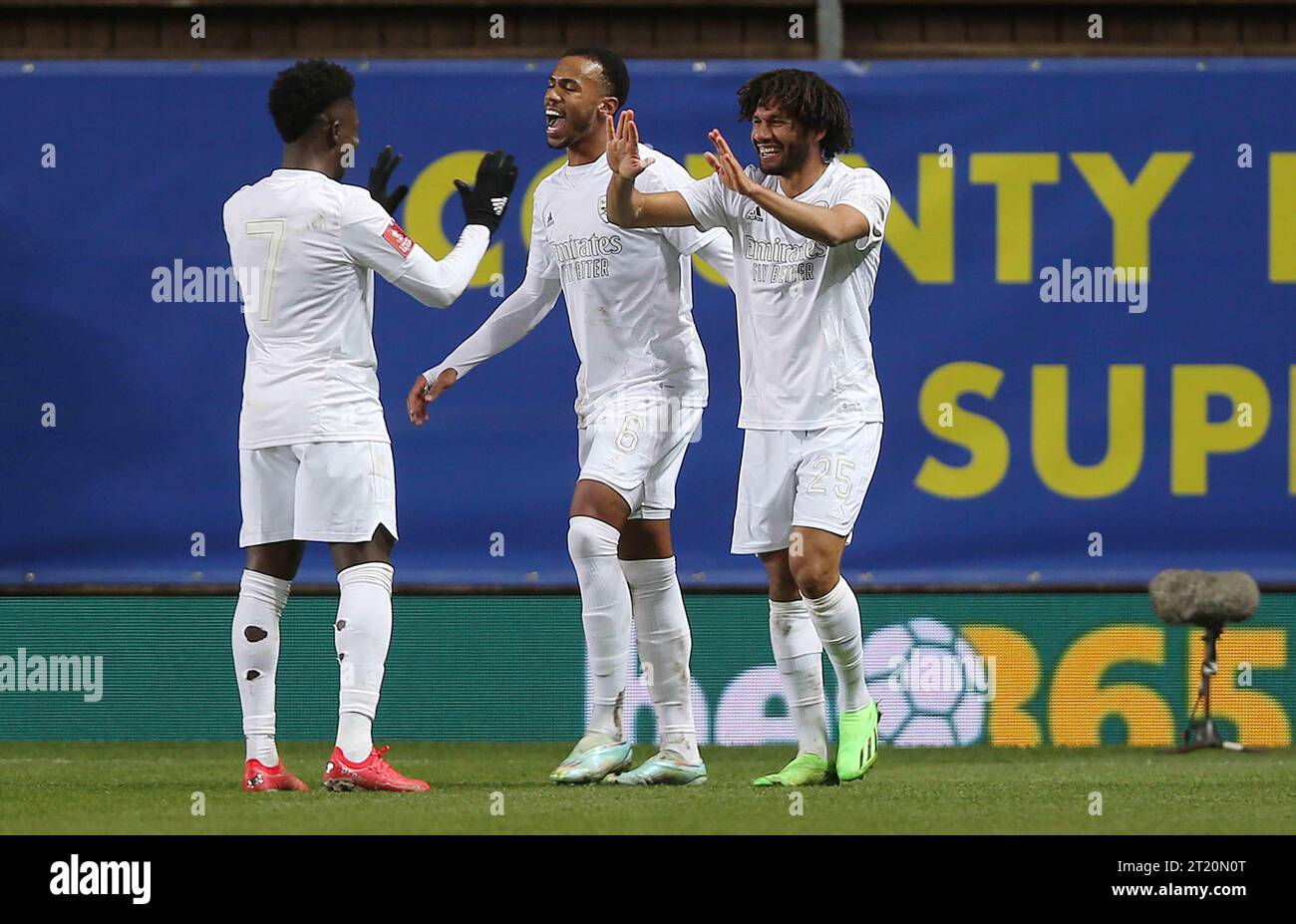 GOAL 1-0, Mohamed Elneny of Arsenal goal celebration with Bukayo Saka of Arsenal. - Oxford ...