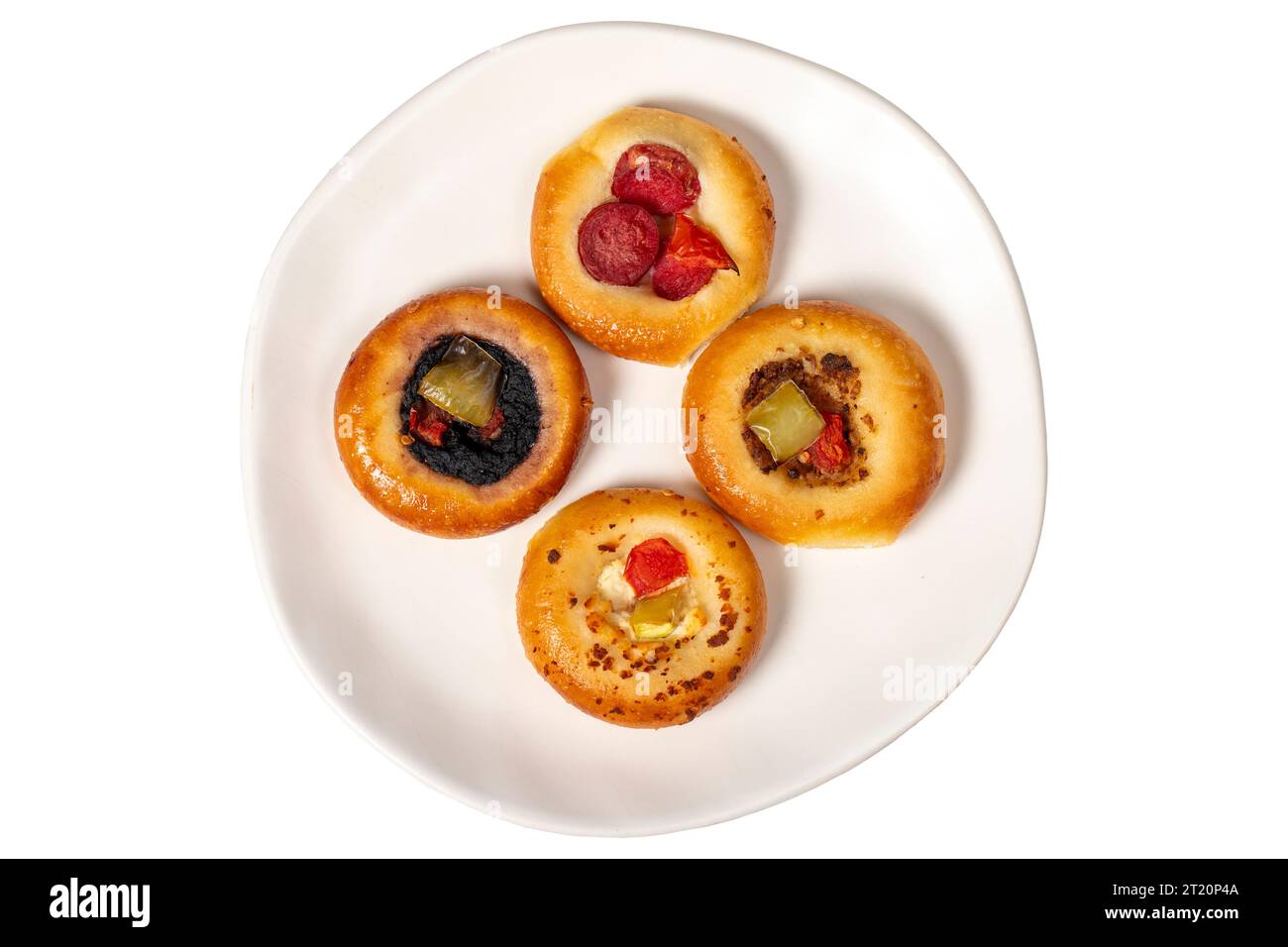 Small pizza varieties. mini pizzas with sausage, pickles, tomatoes ...