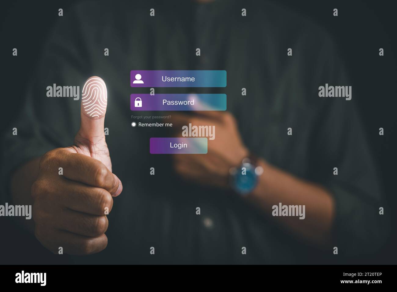 Secure access with a thumbs up and virtual fingerprint scan Stock Photo ...