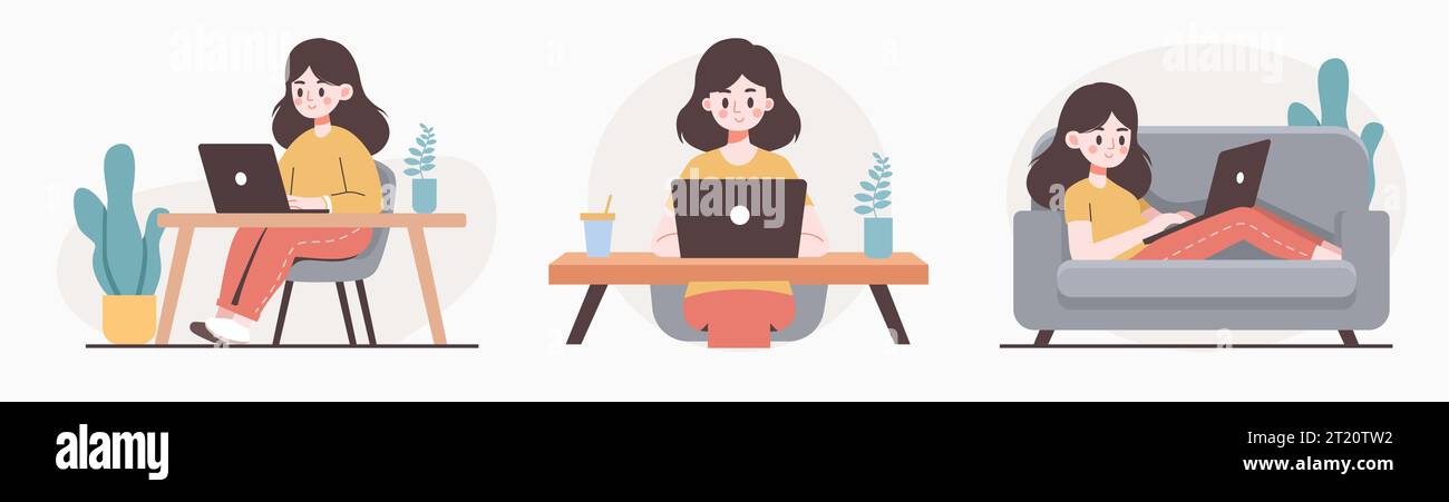 Woman works at a laptop. Simple stile. Work at home. Collection of ...