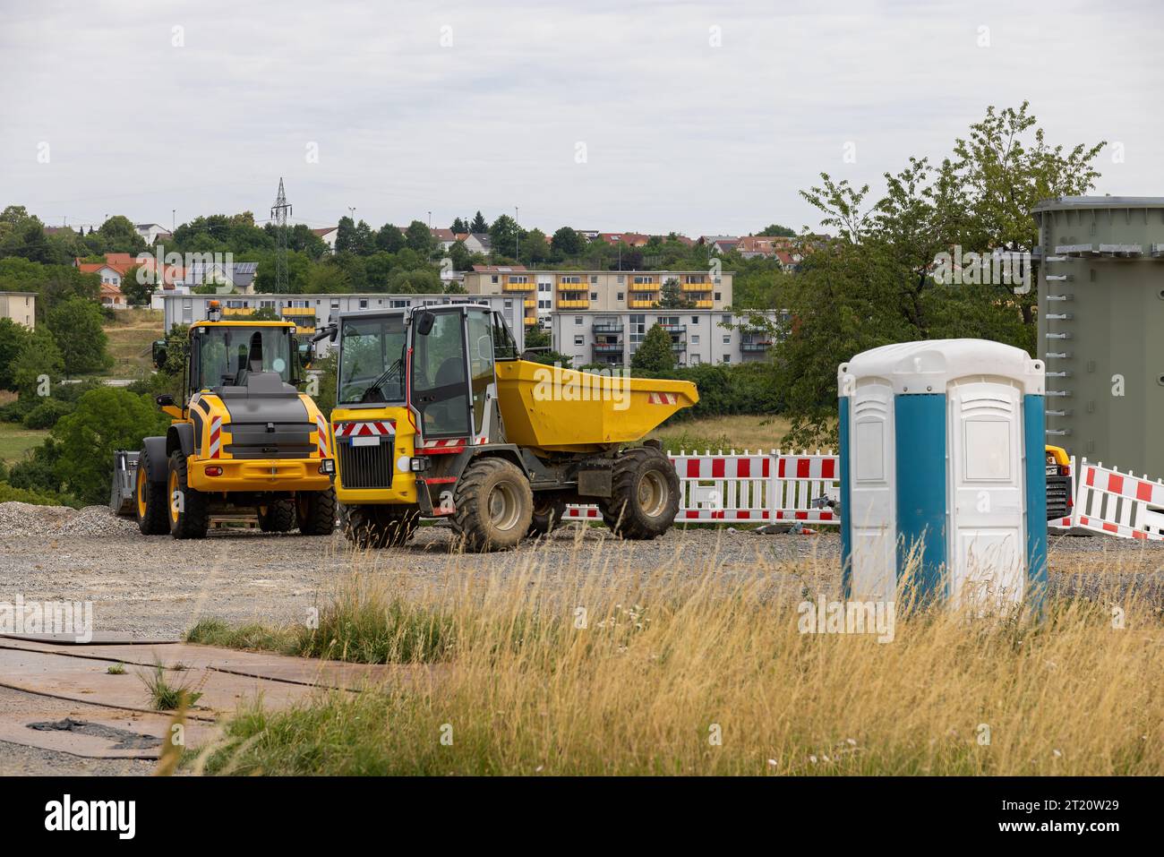 Construction vehicles and accessories at a motorway construction site ...