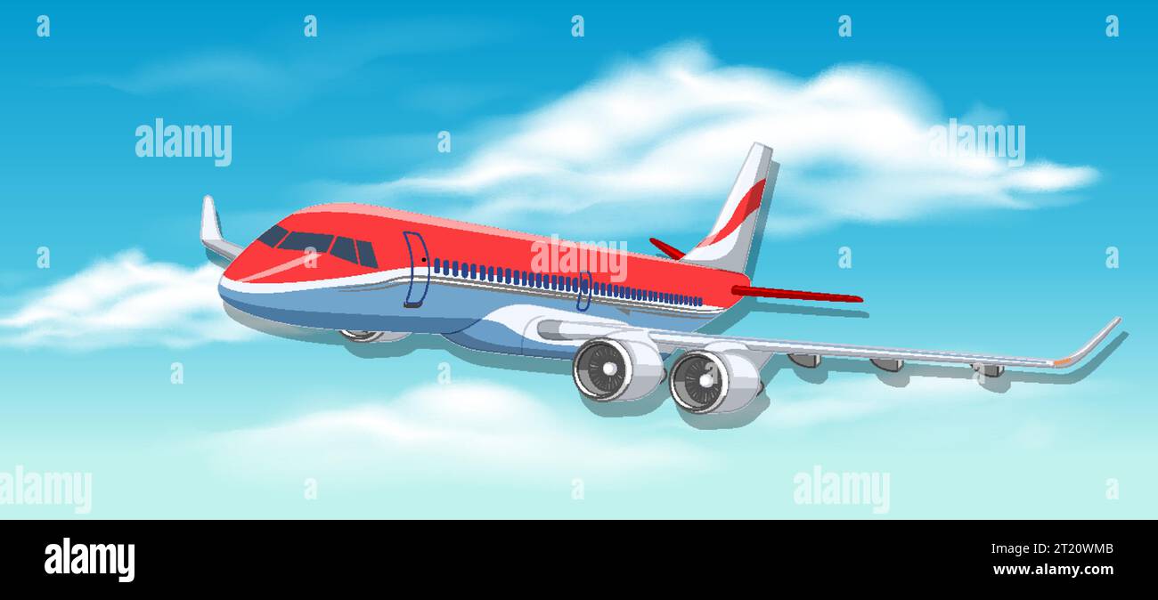 A cartoon illustration of a commercial airline plane flying in a clear ...
