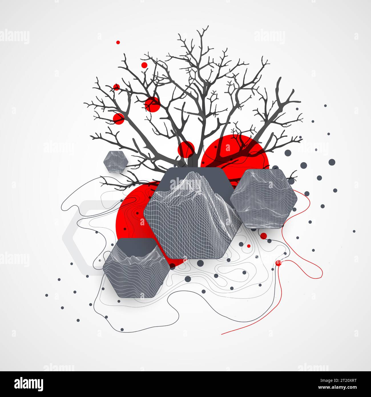 Art concept. Abstract mountains forms with Silhouette of a tree Stock ...