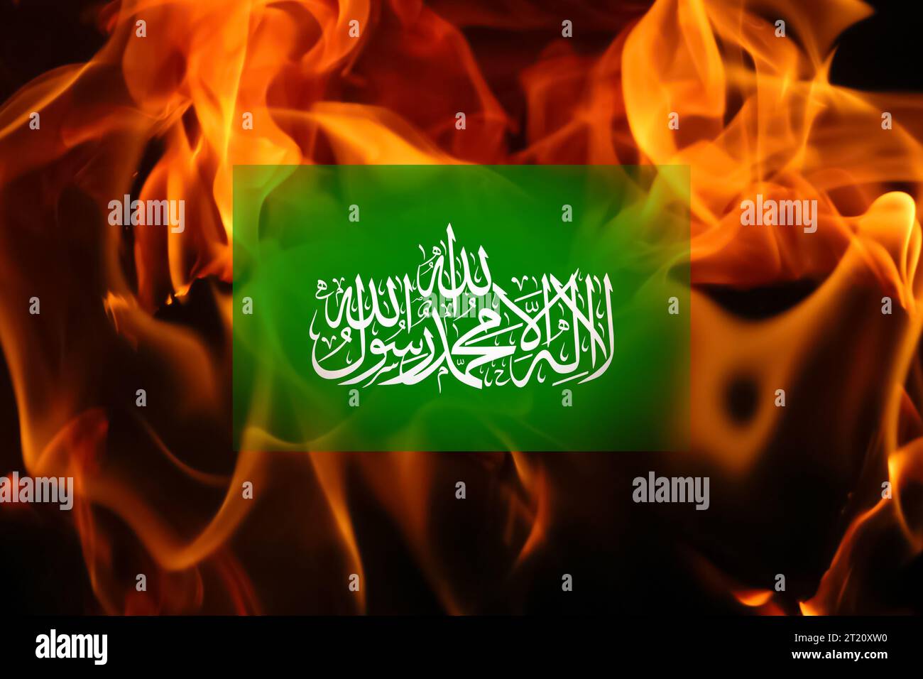 Flag Hamas on the fire flame. Hamas between Israel and Palestine ...