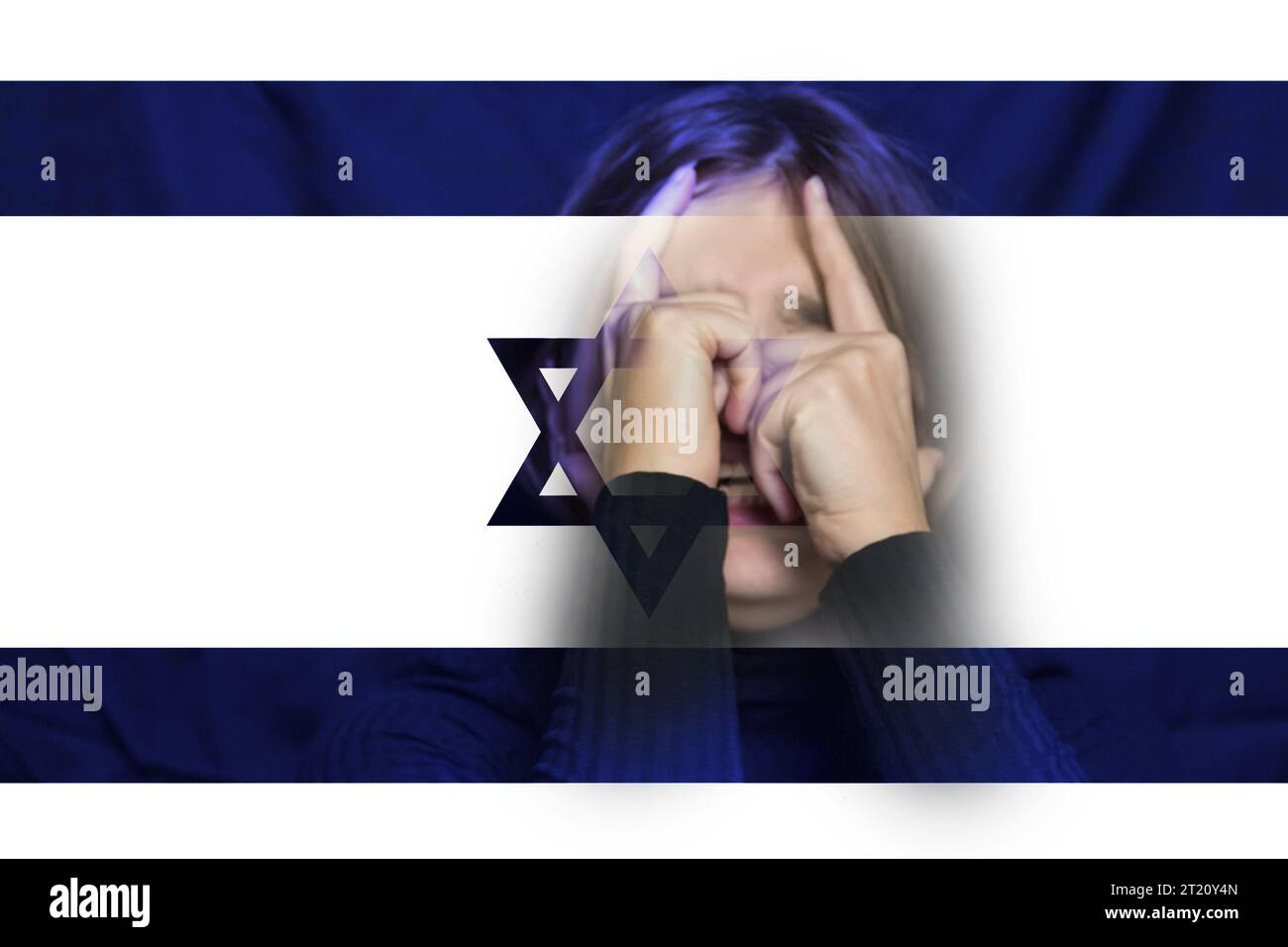 War between Palestine and Israel. Young woman with sad sight looking at ...