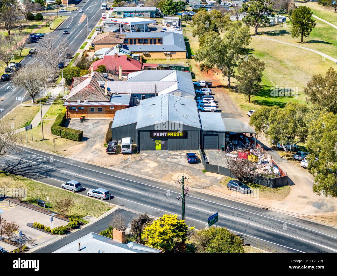 An aerial view of a modern urban cityscape in Inverell, New South Wales ...