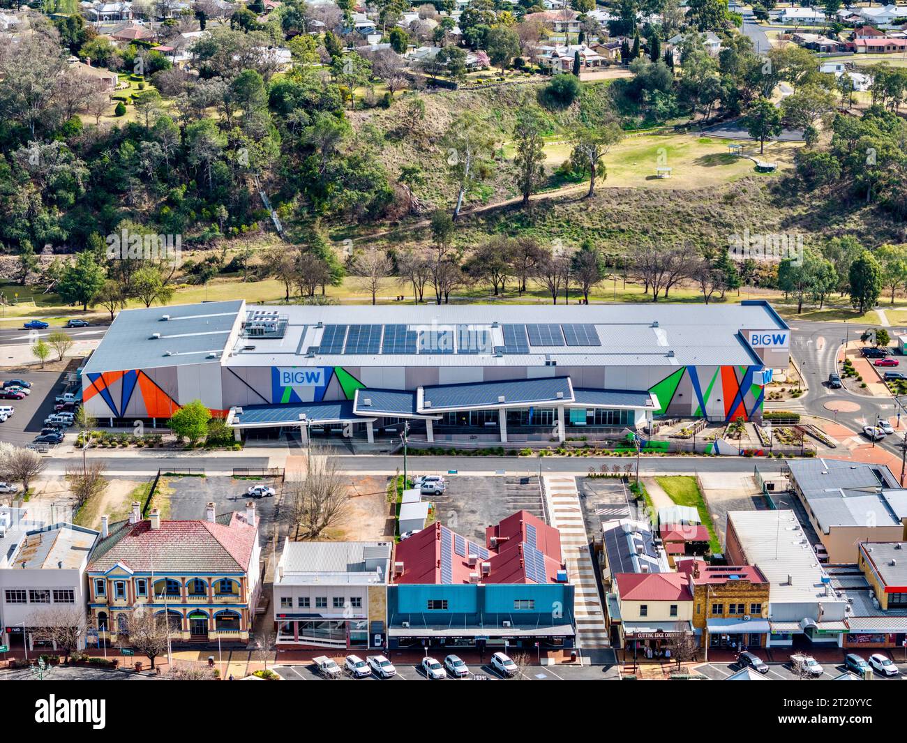 An aerial view of a modern urban cityscape in Inverell, New South Wales ...