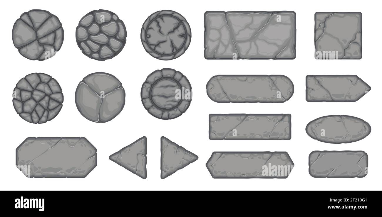 Stone menu buttons. Medieval cracked border UI elements, old granite ...