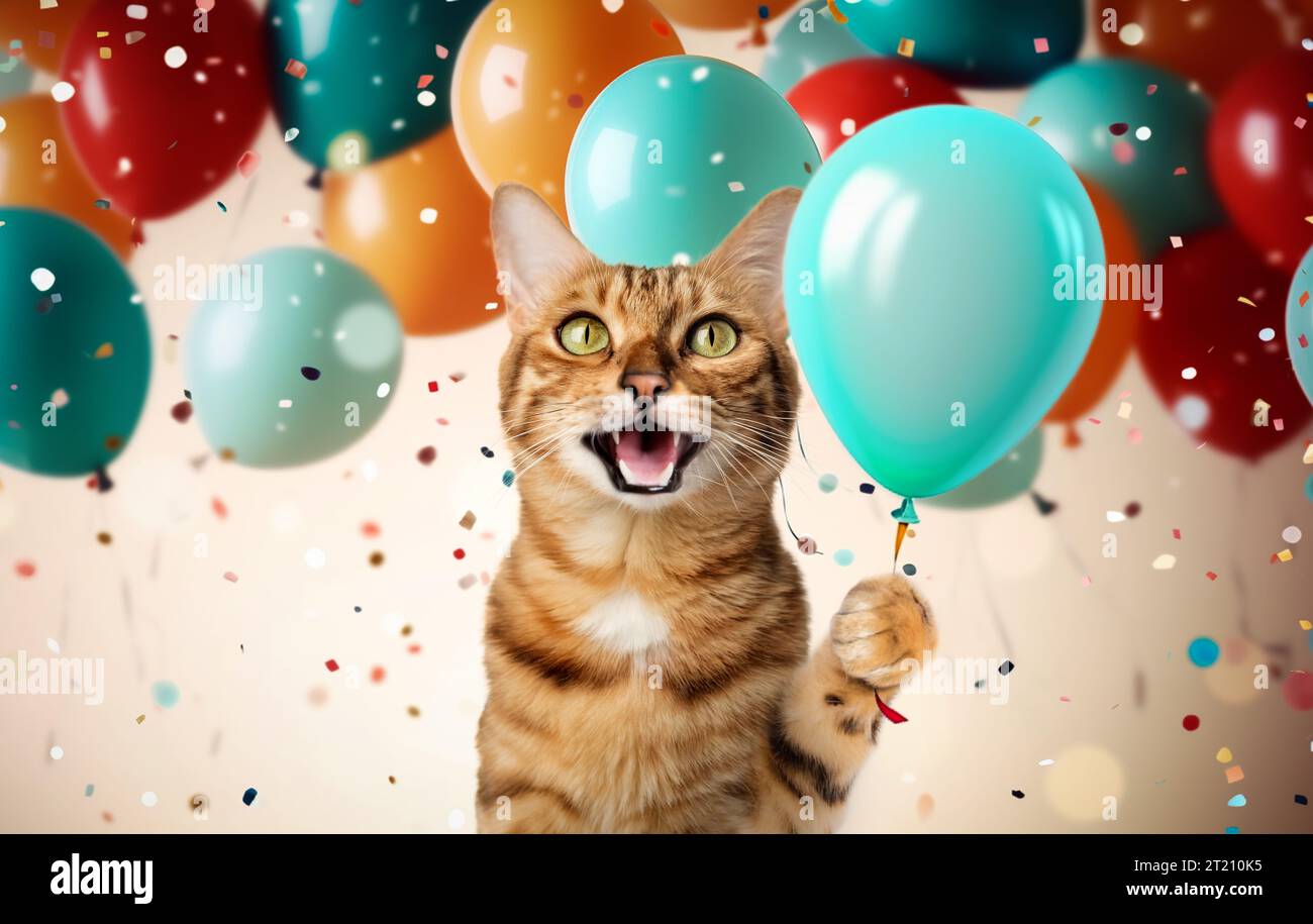 Funny portrait of a happy smiling bengal cat on a festive background ...