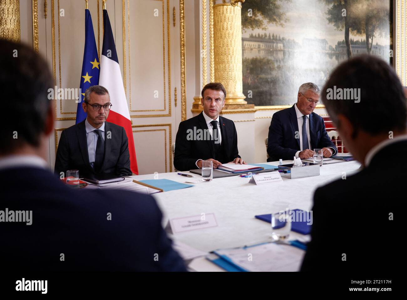 Paris, France. 16th Oct, 2023. French President Emmanuel Macron (C ...