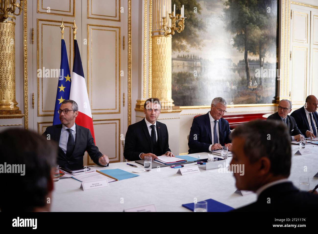 Paris, France. 16th Oct, 2023. French President Emmanuel Macron (C ...