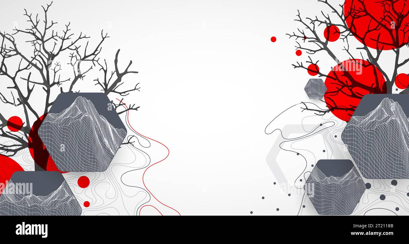 Art concept. Abstract mountains forms with Silhouette of a tree Stock ...
