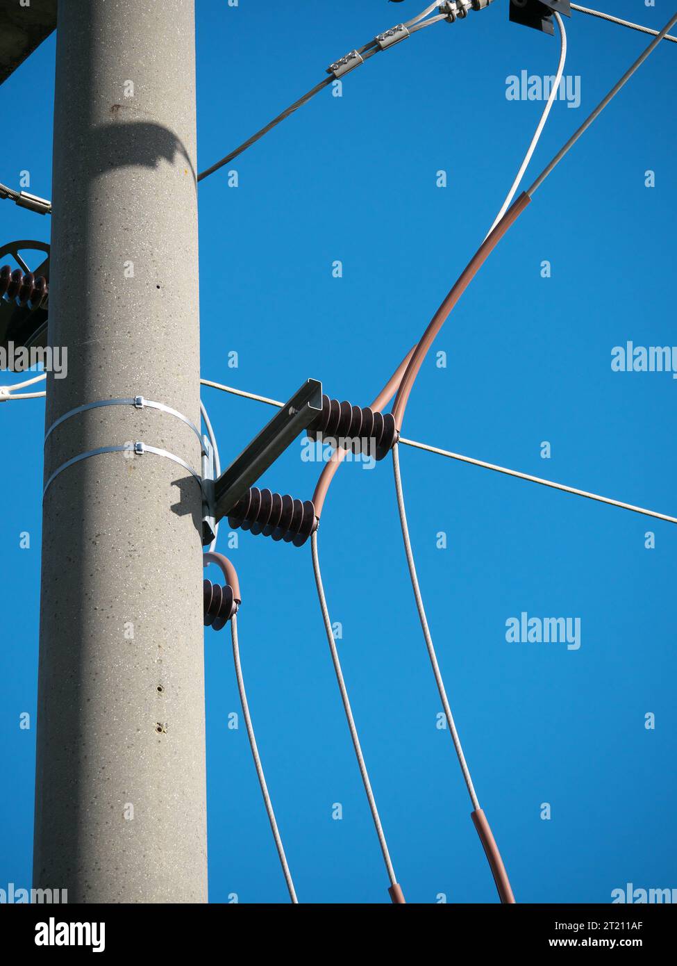 Insulators on power lines on a pole of an overhead power line Stock ...