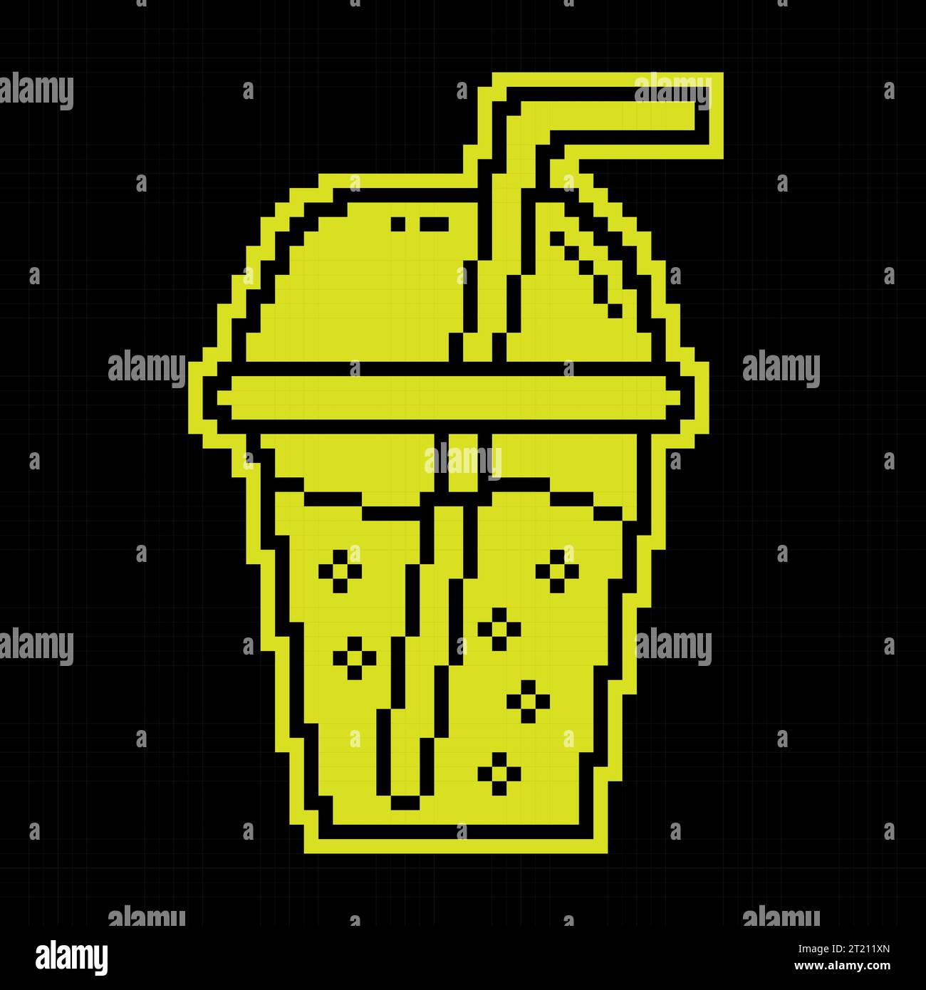 Pixel silhouette icon, glass of smoothie with straw and lid. Refreshing ...