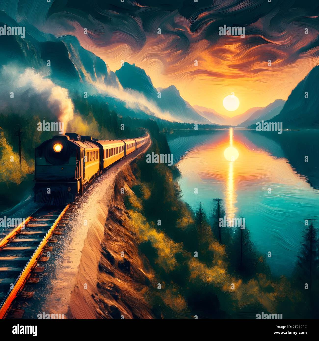 An idyllic scene featuring a train chugging along a set of tracks near ...