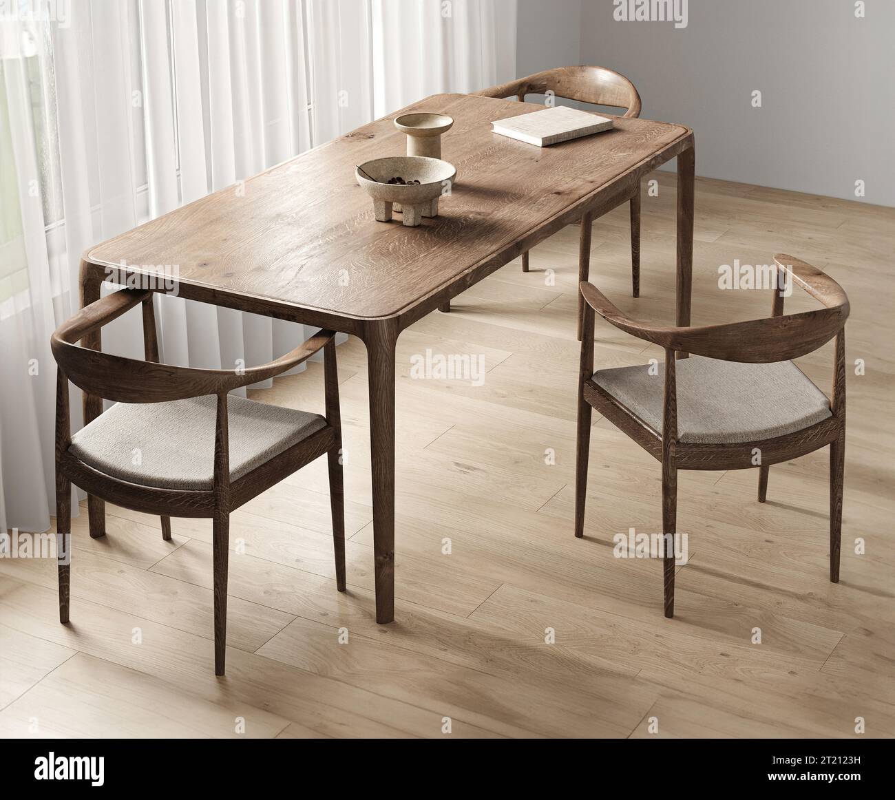 Modern style wooden interior with window and dining table background ...