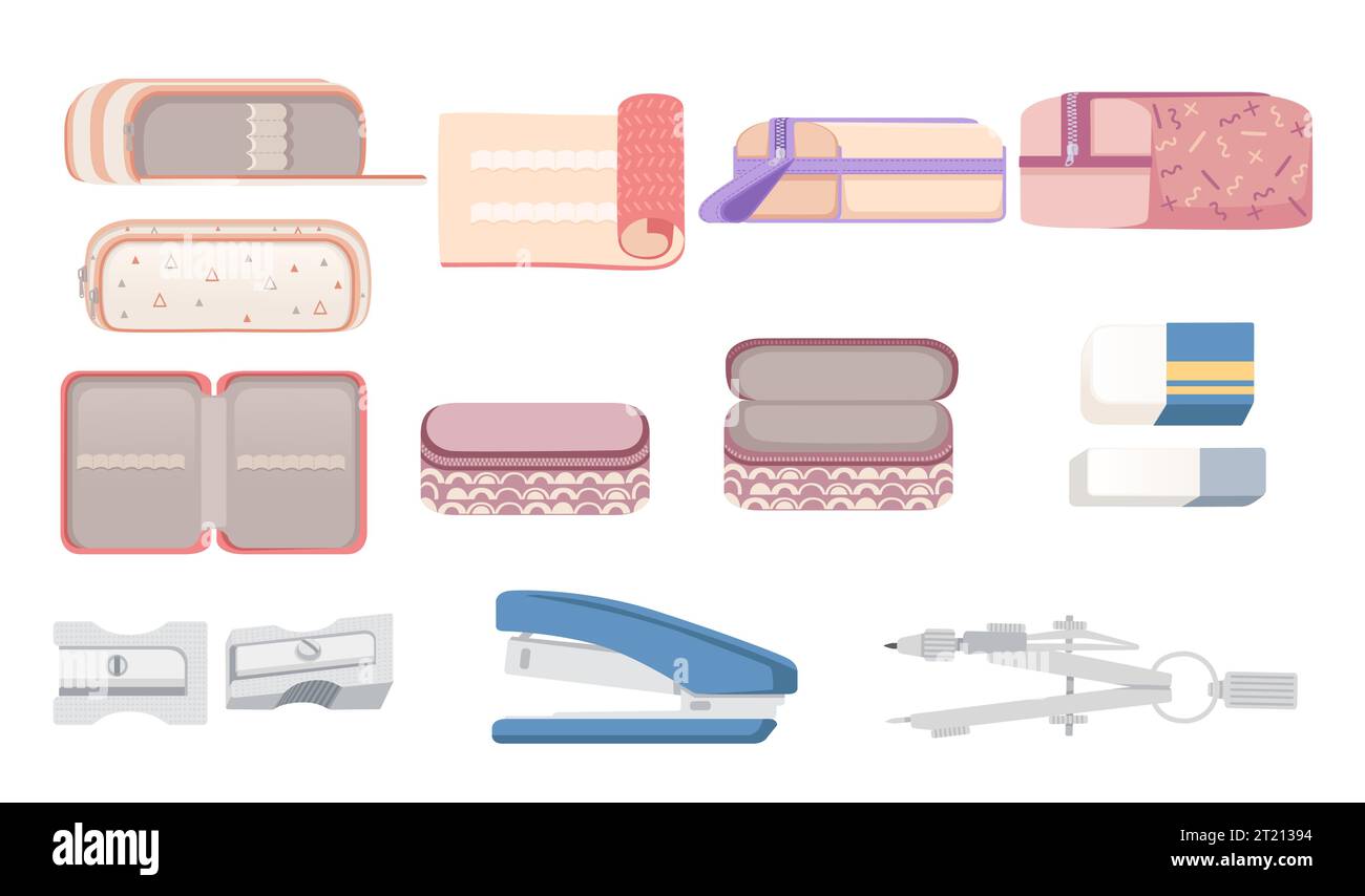 Set of school accessory pencil cases eraser,sharpener, compass, stapler ...