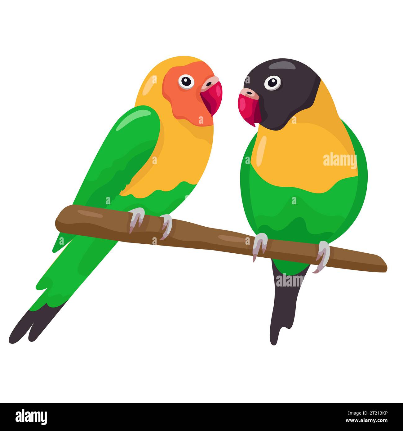 Cute flat vector love parrots sitting on a branch isolated on white ...