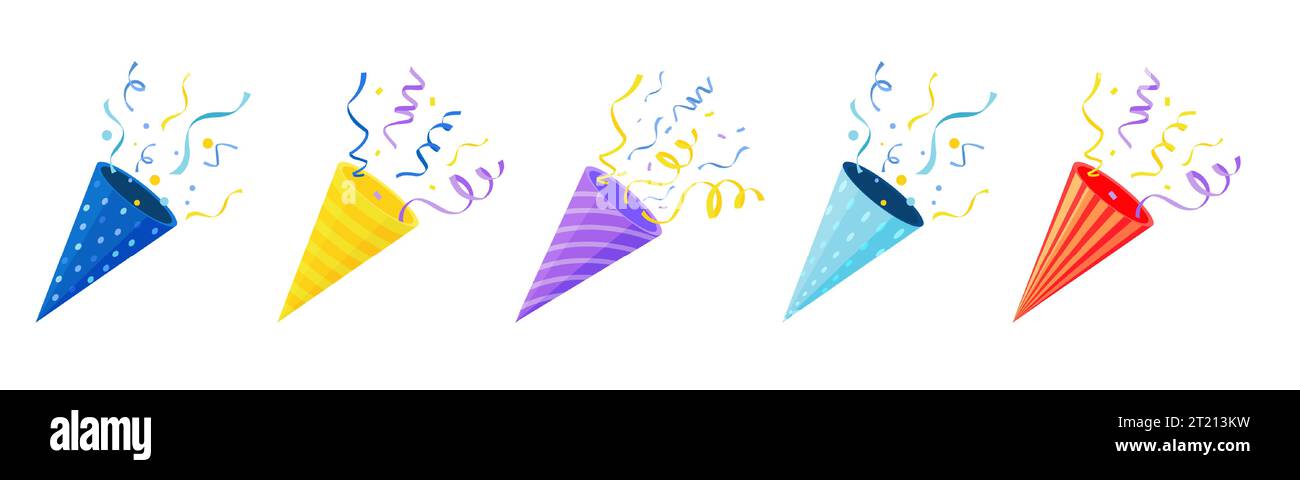 Popper icons with confetti. Cartoon cracker and party popper icons ...