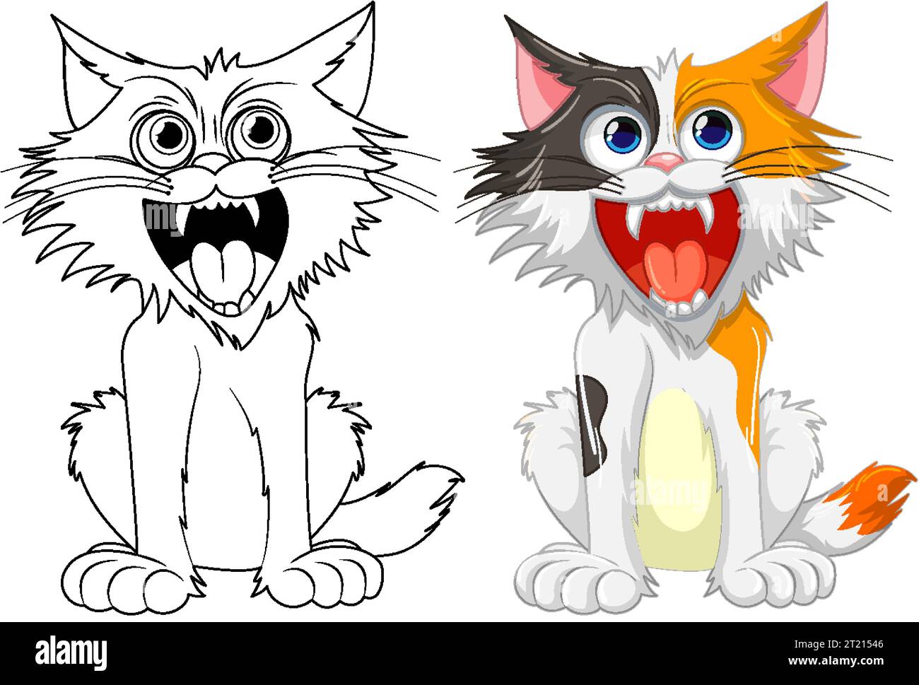 A vector cartoon illustration of a cat with its mouth open and sharp ...