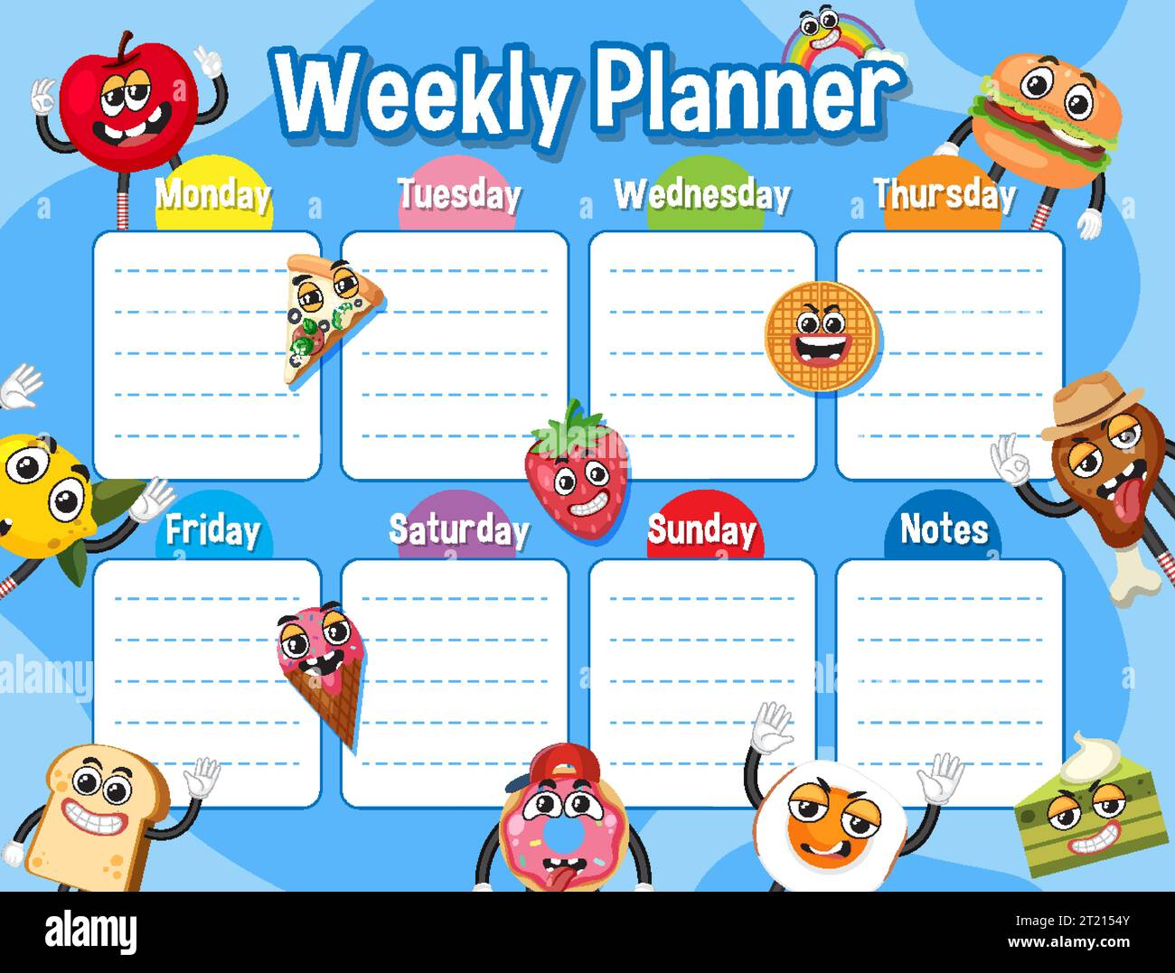 Weekly Planner Table Schedule with Cartoon Character Theme illustration ...