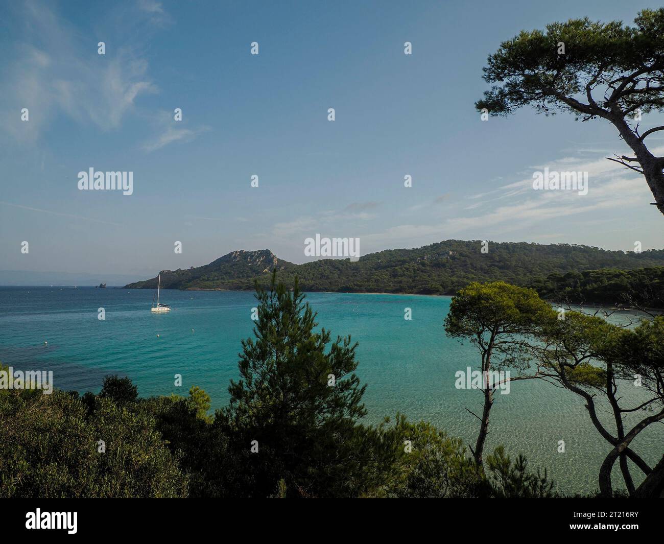 notre dame beach in porquerolles island france, panorama landscape ...