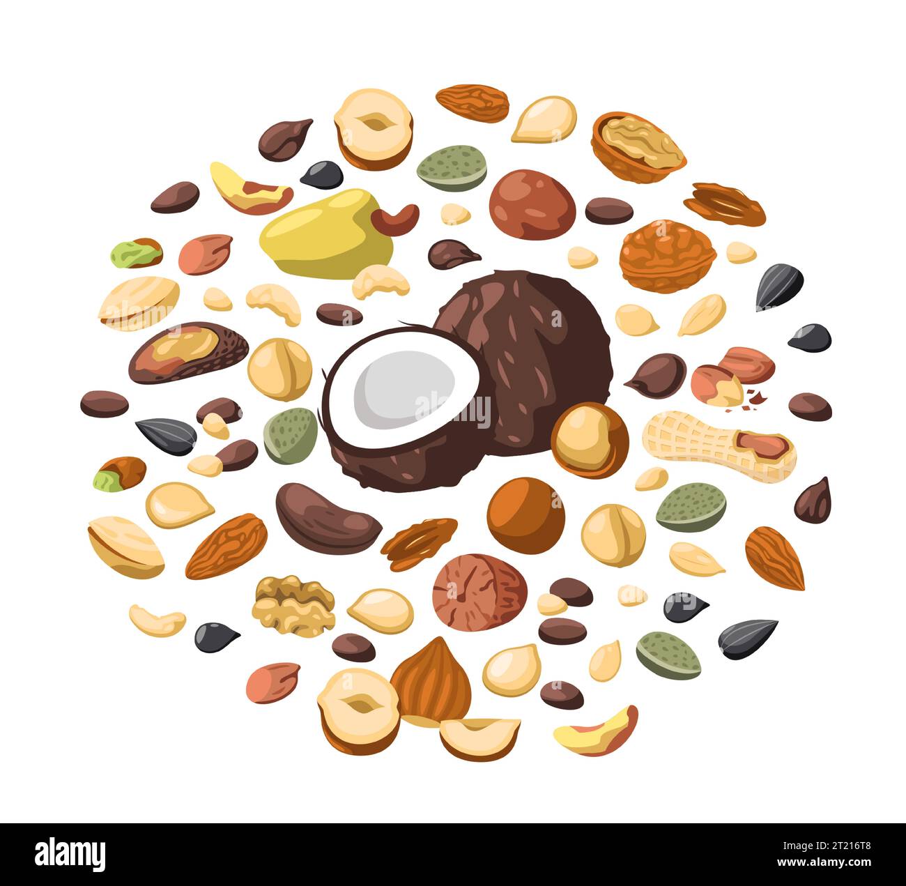 Nuts circle. Cartoon pack of dried nuts kernel, pistachio almond cashew ...