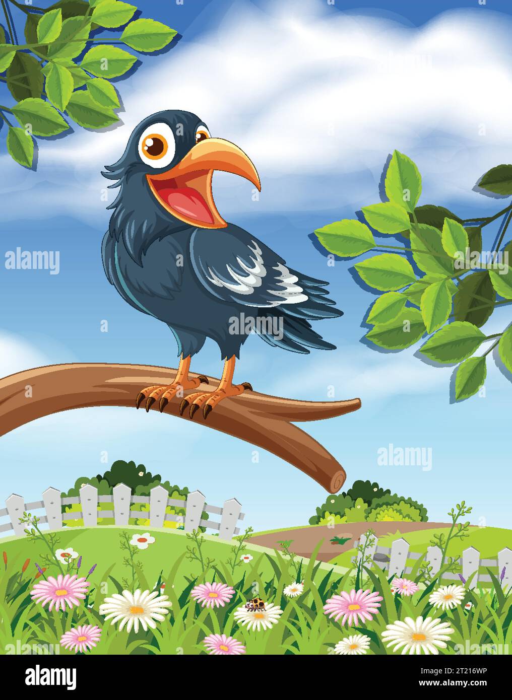 A cartoon crow stands on a tree branch, smiling in a natural background ...