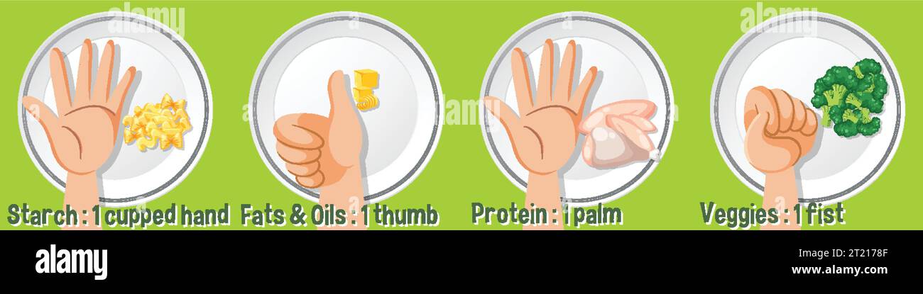 Portion Control: Comparing Food Nutrition with Human Hand illustration ...