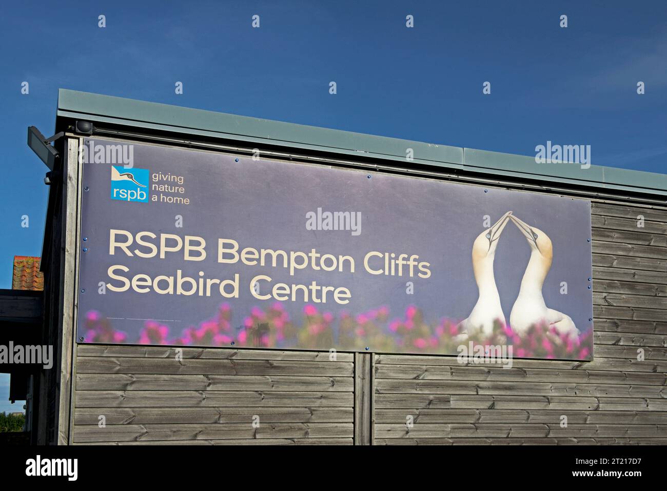 Banner to welcome visitors to RSPB Bempton Cliffs seabird centre ...