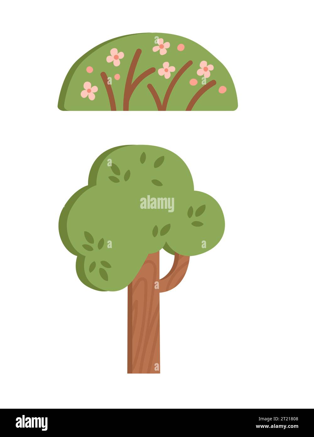 Wooden flat tree and bush decoration for theater vector illustration ...