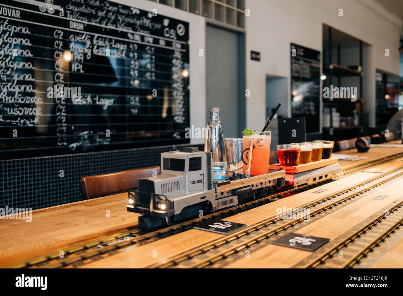 October 2023- Prague,Czechia. Vytopna restaurant interior with train ...