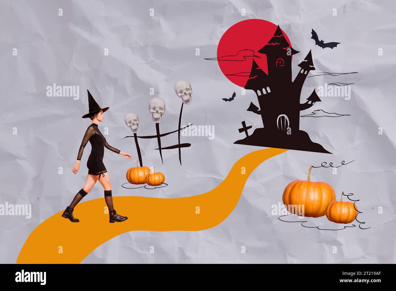 Placard image collage of young witch going home mysterious scary castle ...