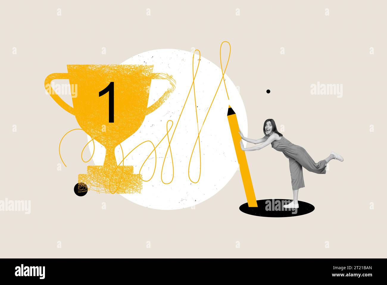 Creative composite photo collage of ecstatic overjoyed woman push pen ...