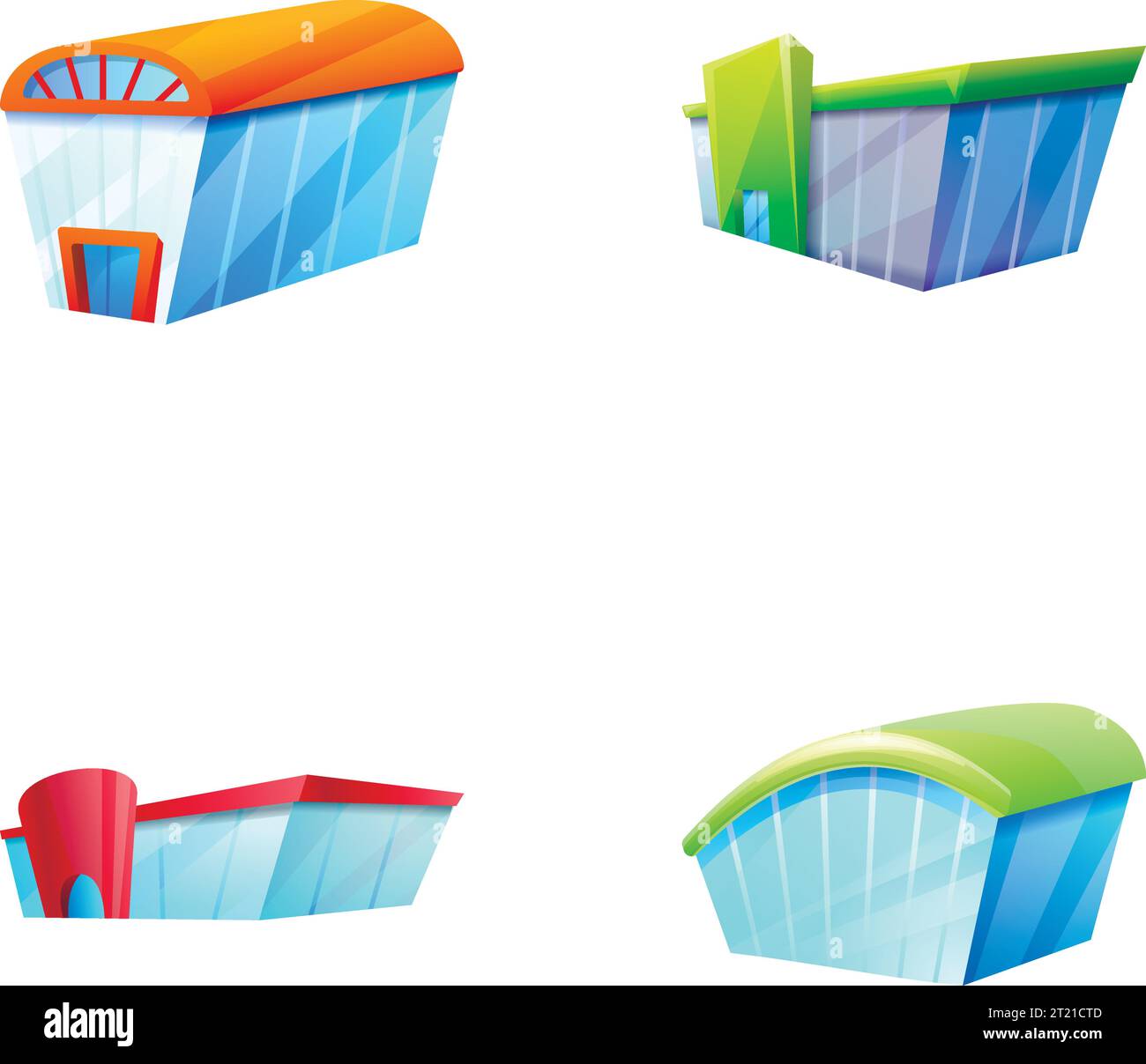 Big store icons set cartoon vector. Various supermarket building outside. Retail shopping ...