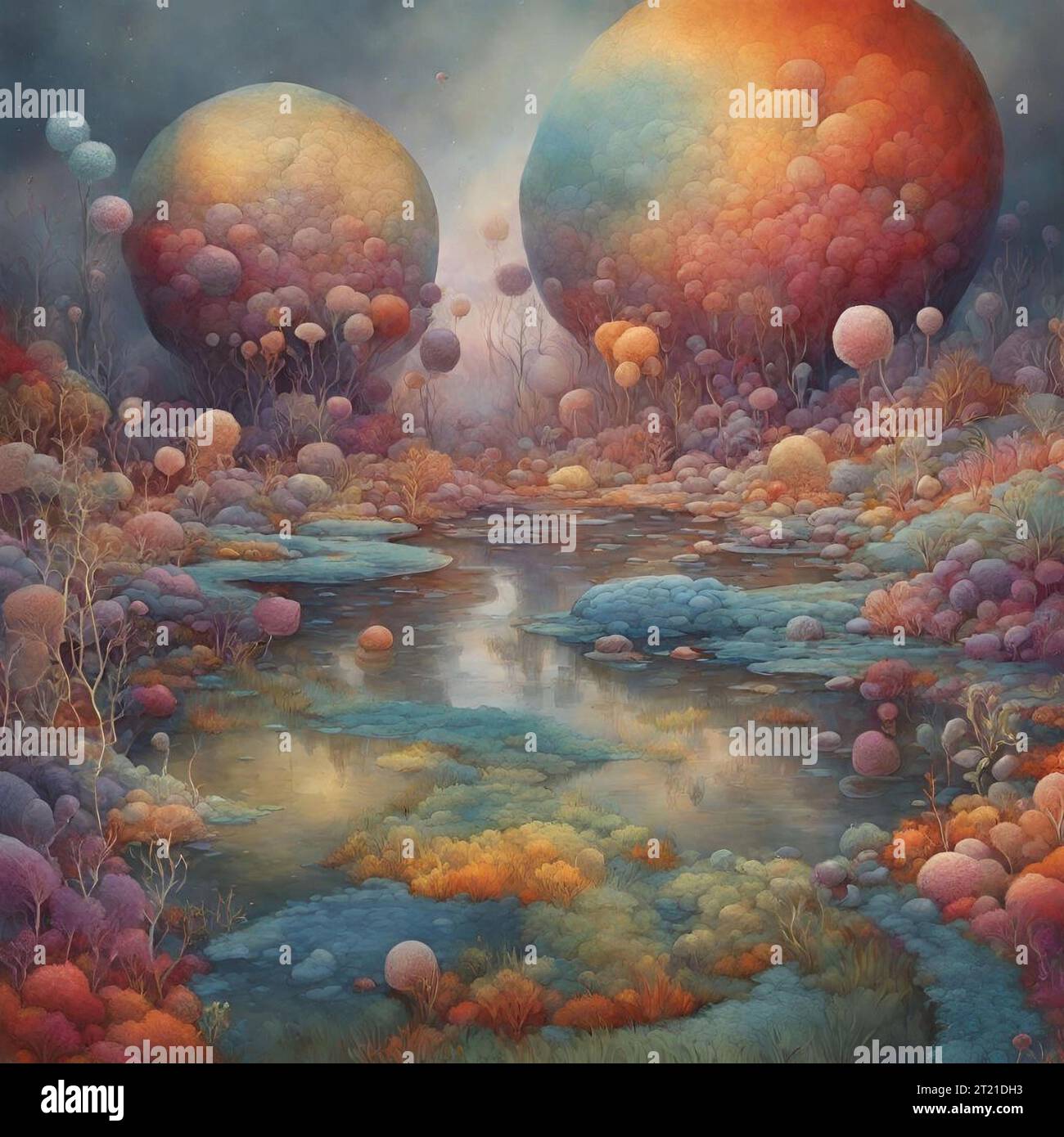 An aerial view of two vibrant spheres floating above a tranquil body of ...