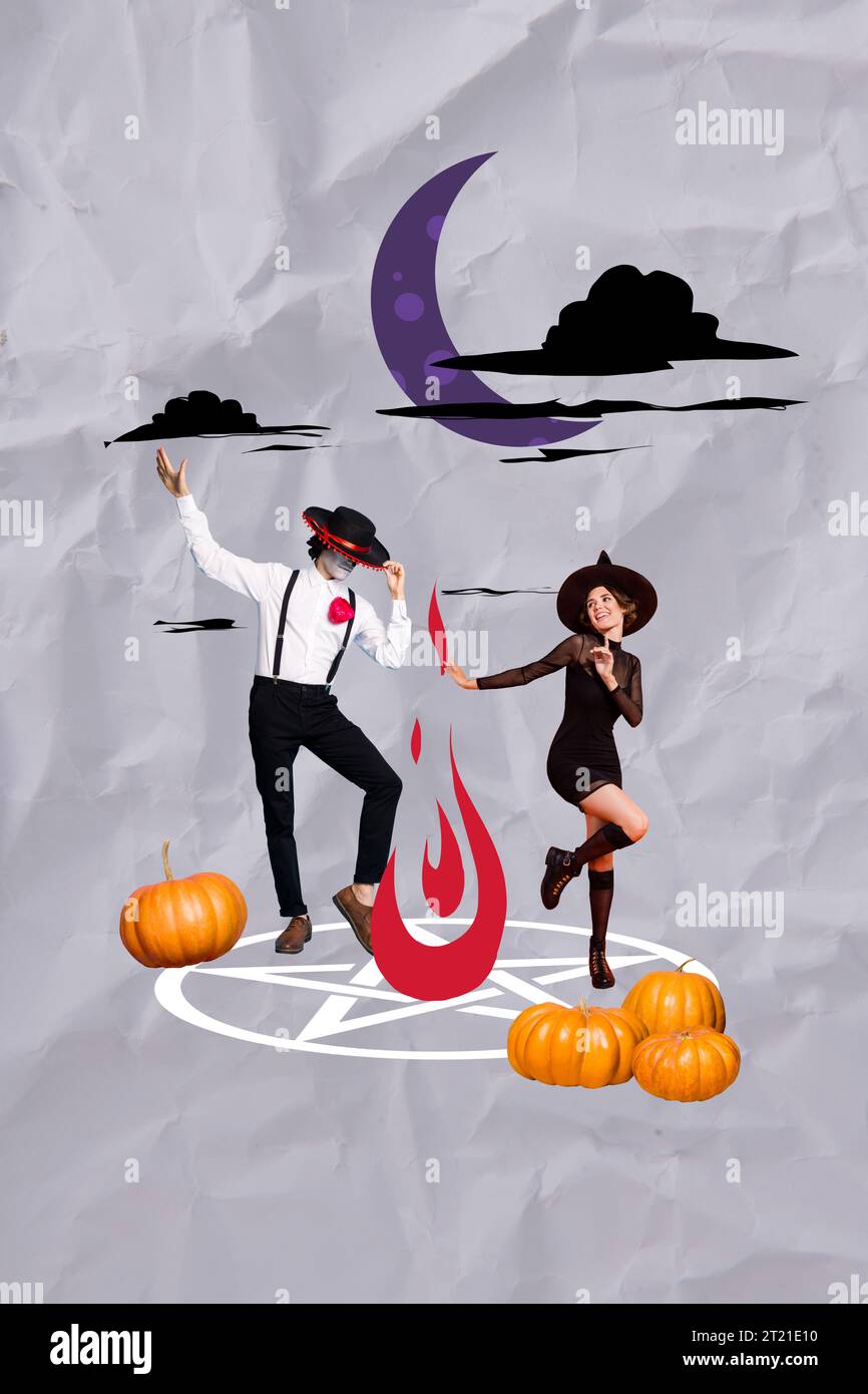 Collage image of scary funny characters undead zombies dance night ...