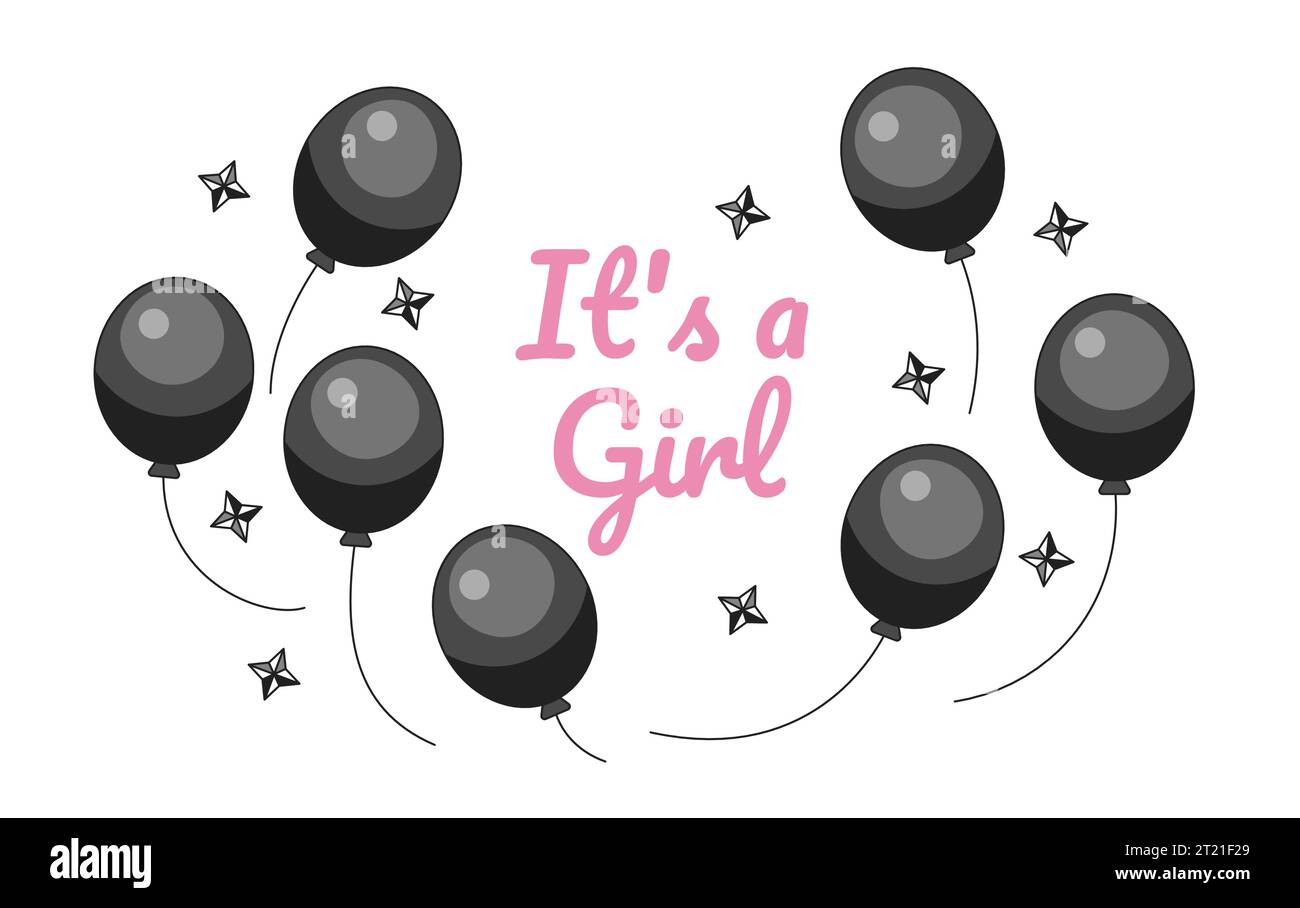 Its girl gender reveal balloons monochrome greeting card vector Stock ...