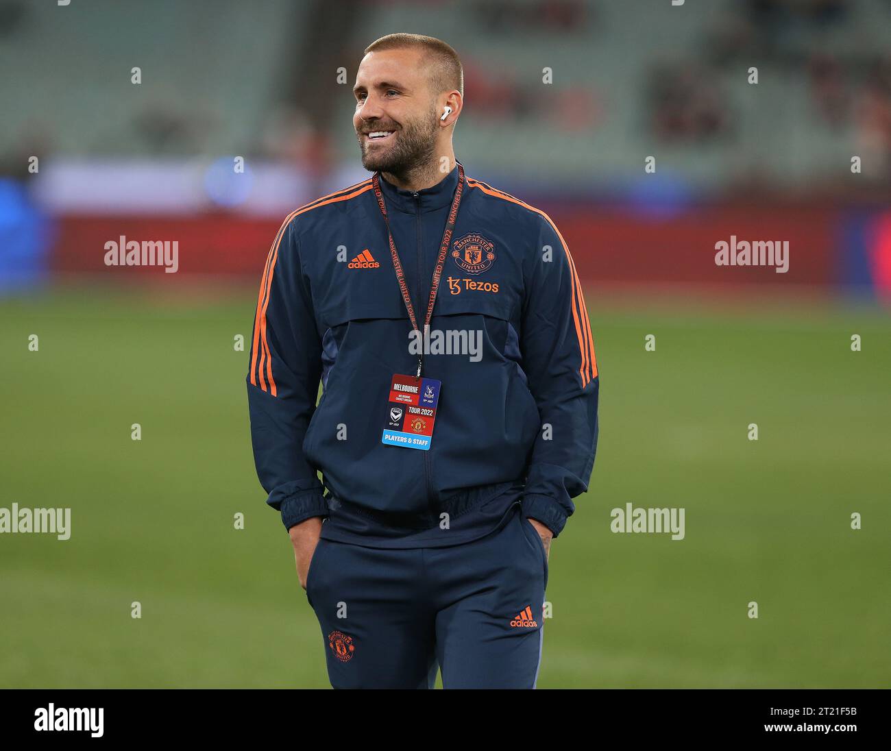 Luke Shaw of Manchester United on the pre match pitch walk ahead of ...