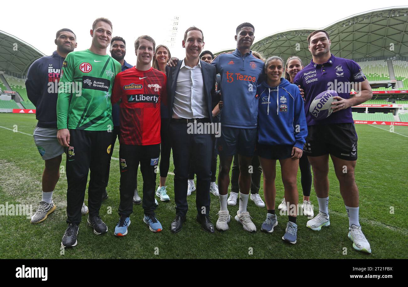 Marcus Rashford of Manchester United is welcomed by sporting stars from ...
