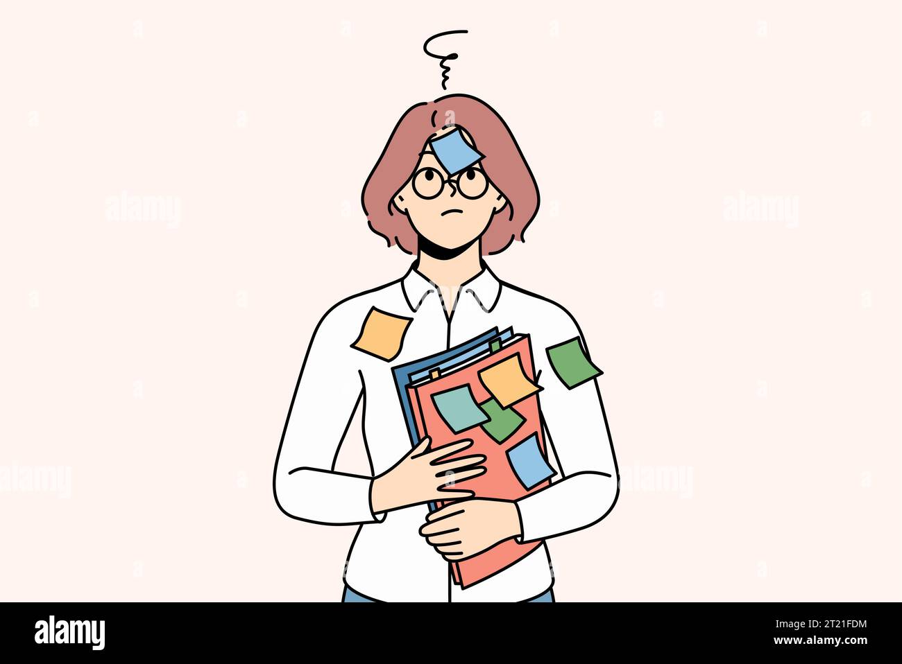 Confused woman student with stickers on face and shirt needs ability to ...