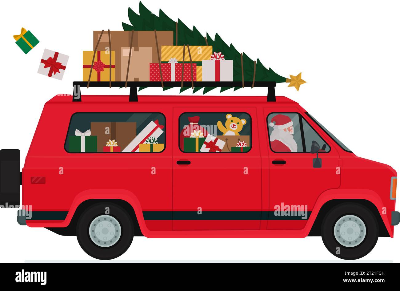 Traveler Santa Claus carrying Christmas gifts, he is driving a van ...