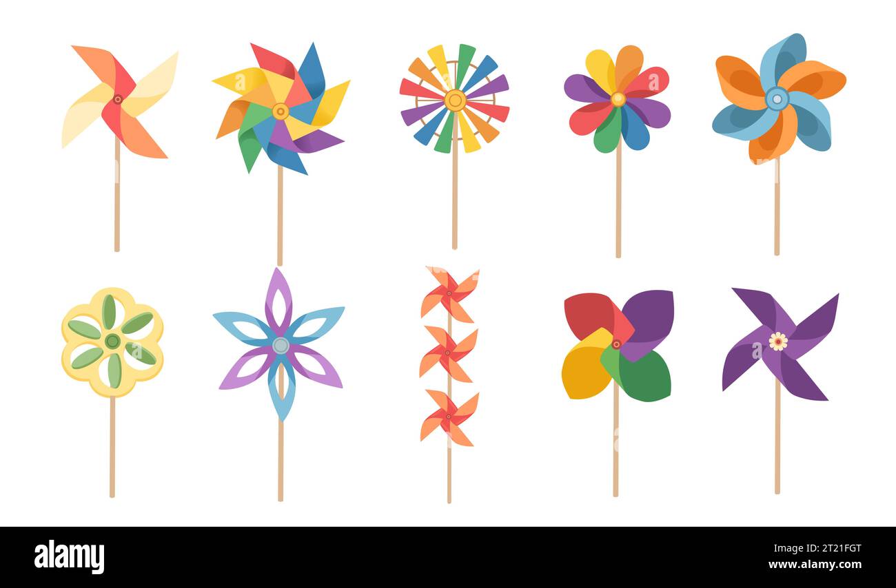 Set of colorful pinwheel simple hand toy with wind fan vector ...