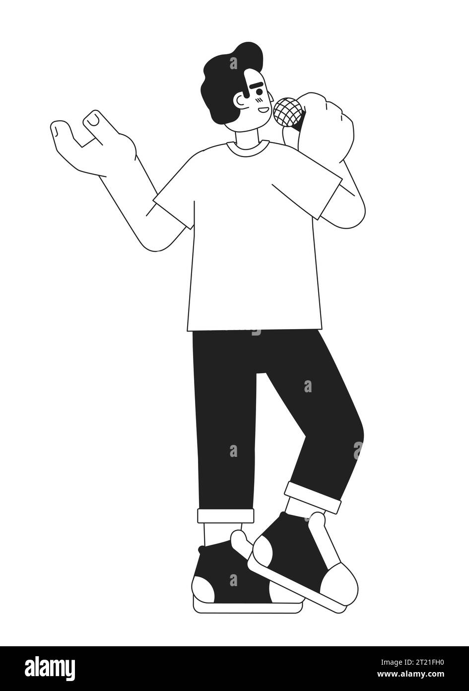 Hispanic adult man speaking into microphone black and white 2D cartoon ...