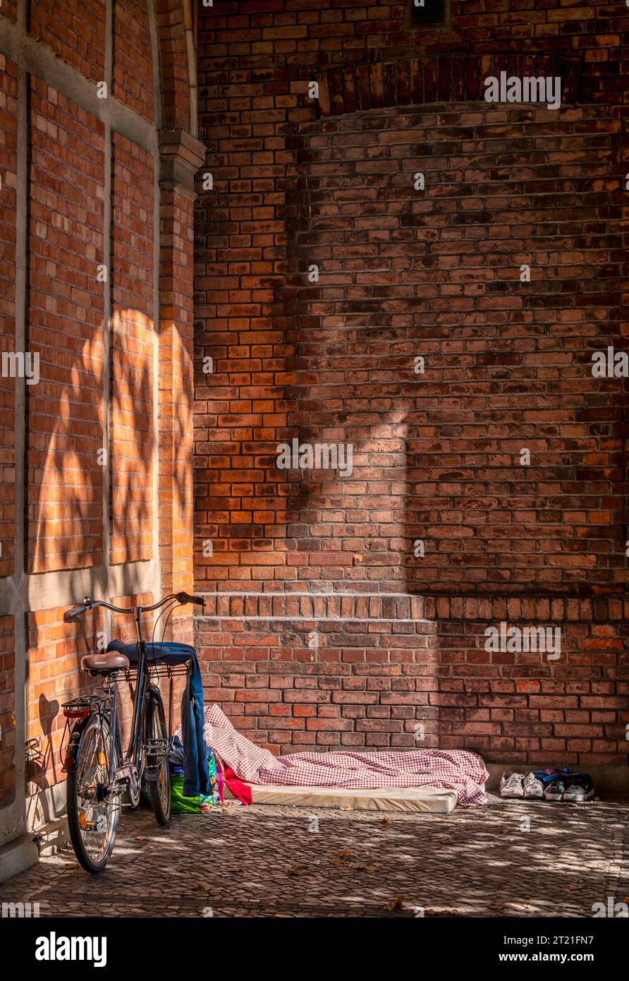 Homeless Sleeping Place On The Brick Wall Of A Church, Berlin, Germany ...