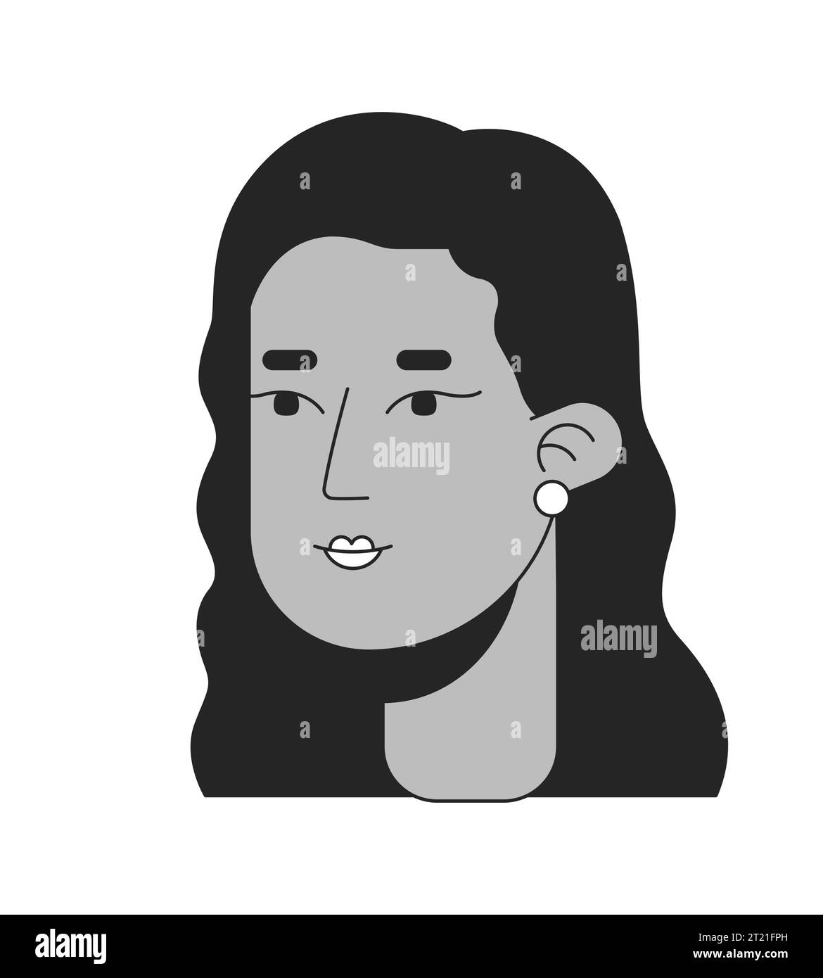 Black woman long straight hair black and white 2D line cartoon ...