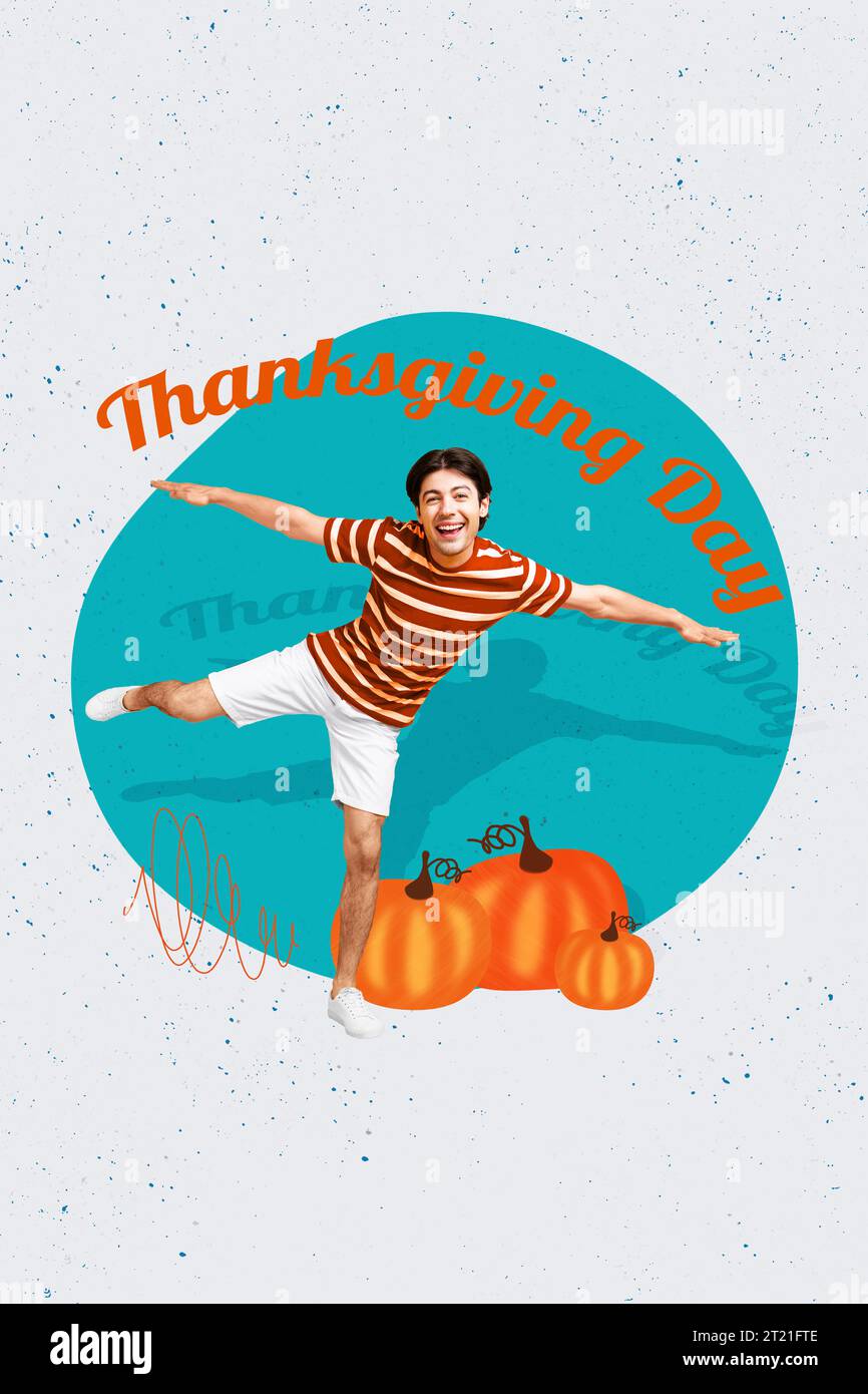 Vertical collage picture of excited cheerful guy stand one legs arm ...