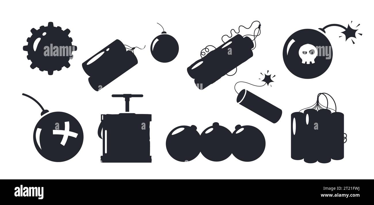 Bomb silhouette. Black explosive dynamite and grenade icons, military ...