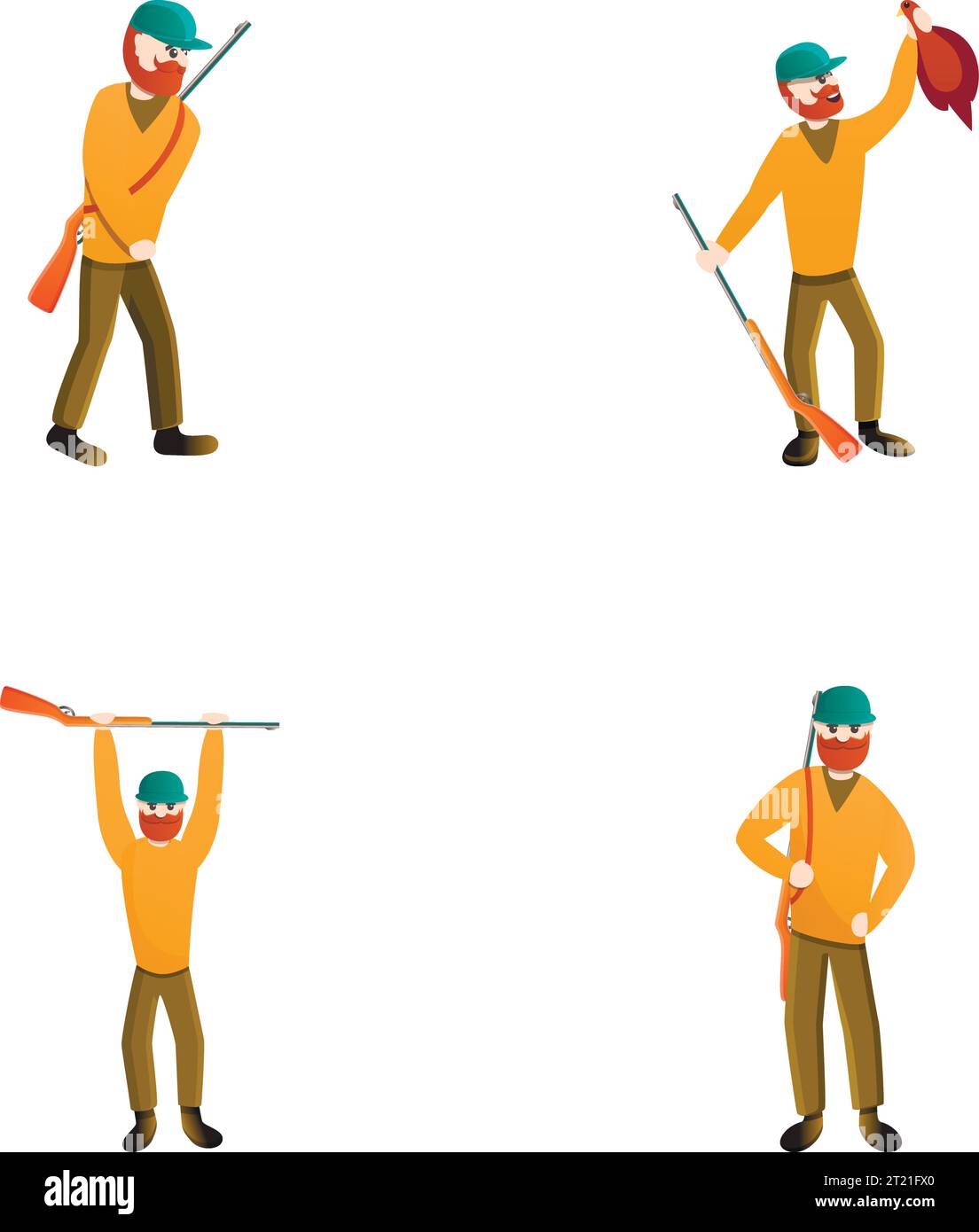 Hunting icons set cartoon vector. Bearded hunter character with rifle ...